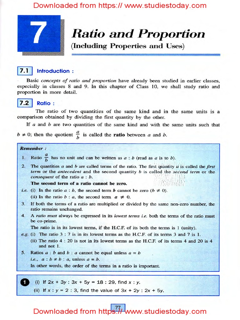 ICSE Class 10 Maths Chapter 07 Ratio and Proportion Including Properties and Uses | PDF