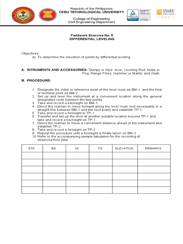 Fieldwork Exercise No. 5 Differential Leveling: STA BA HI FS Elevation Remarks | PDF ...