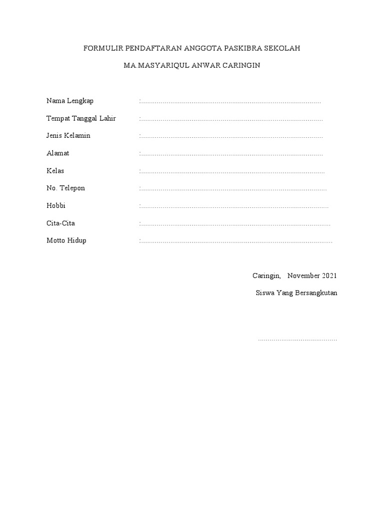Formulir Pendaftaran Anggota Paskibra Sekolah | PDF