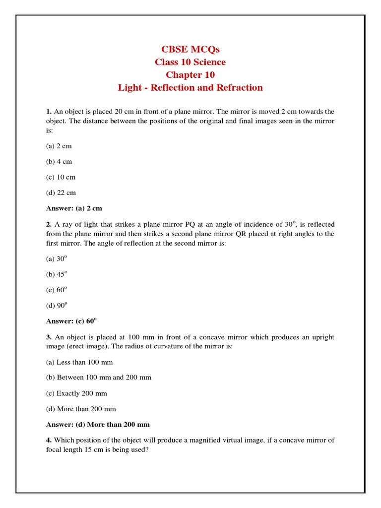 Cbse Class 10 Science Chapter 10 Mcqs | PDF | Mirror | Glass Applications