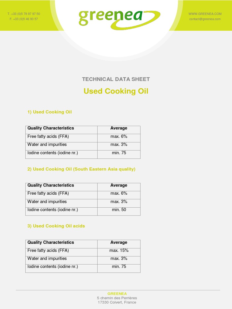 Used Cooking Oil Specifications | PDF