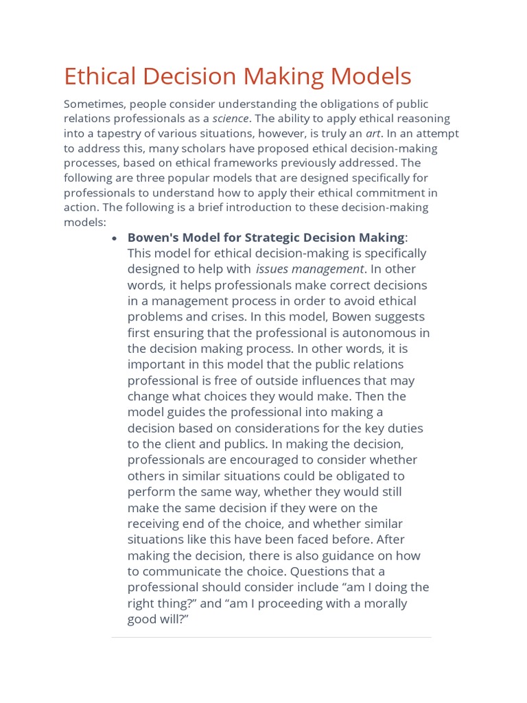 Ethical Decision-Making Models Explained | PDF | Decision Making ...