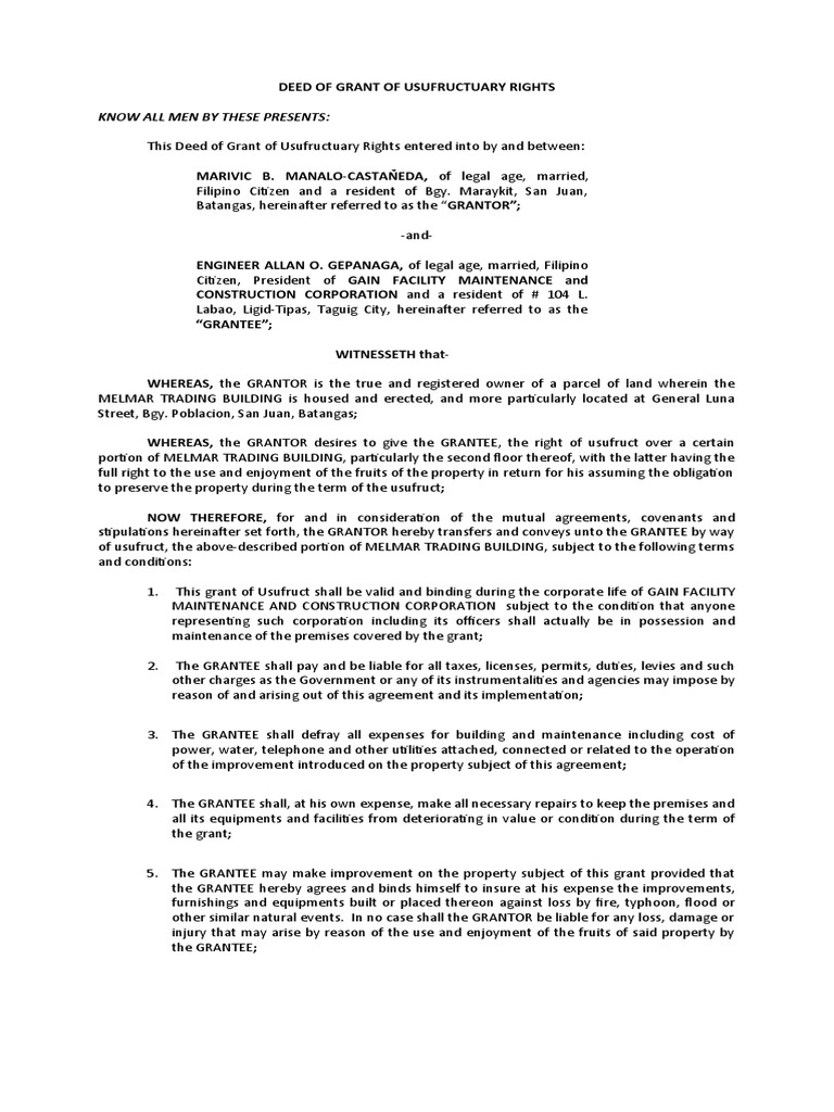 Deed of Grant of Usufructuary Rights | PDF | Deed | Covenant (Law)