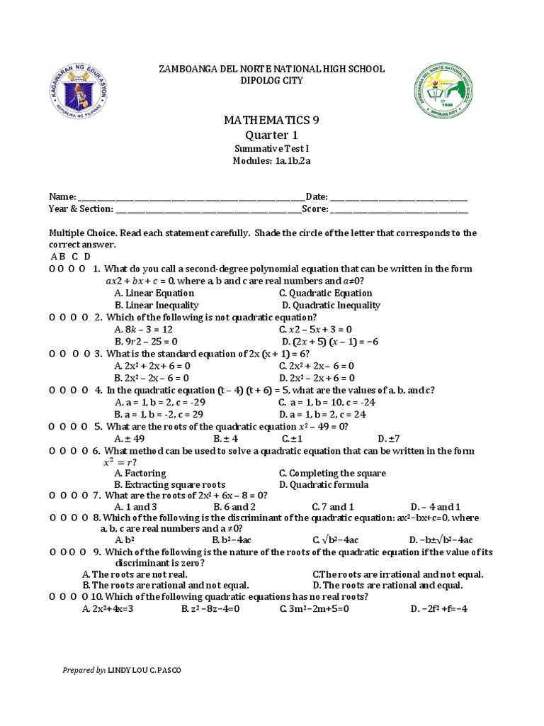 Math 9 Summative Test and Performance Task 1 1 | PDF | Quadratic ...