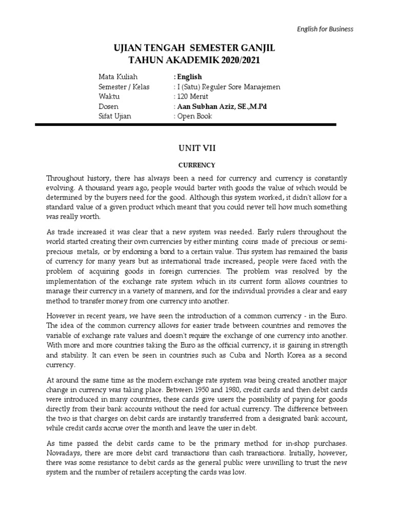 Soal UTS English I Manjemen Sore | PDF | Currency | Debit Card