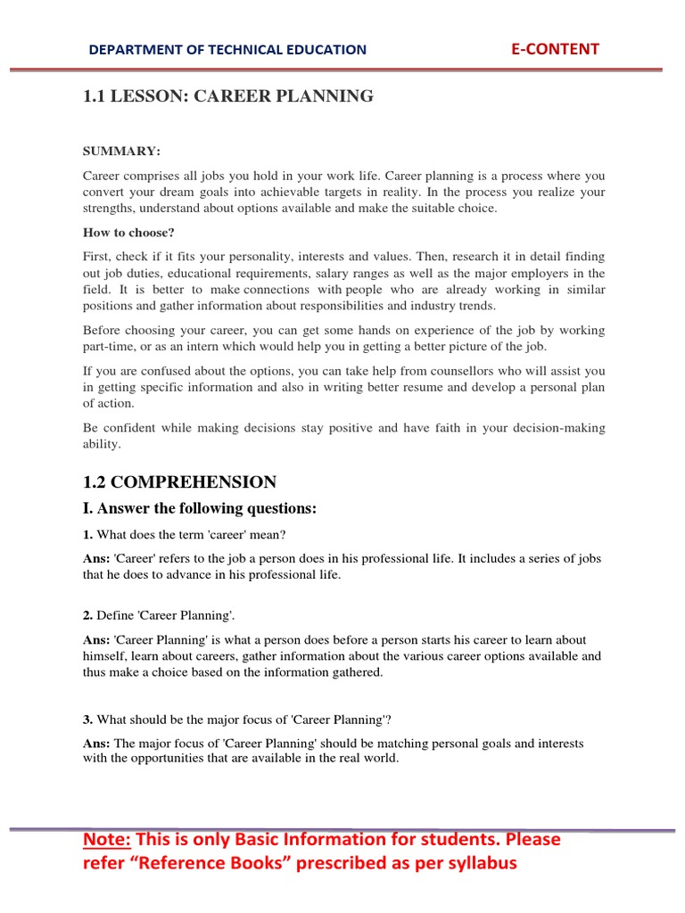 1.1 Lesson: Career Planning: Department of Technical Education | PDF ...