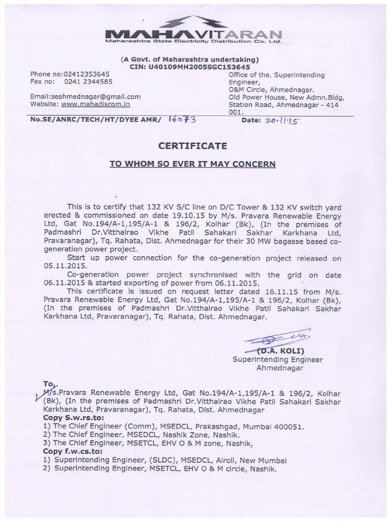 Msedcl Cod Certificate | PDF