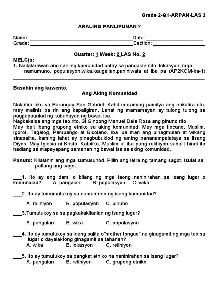 Grade 2 q1 Arpan Las Week 2 | PDF