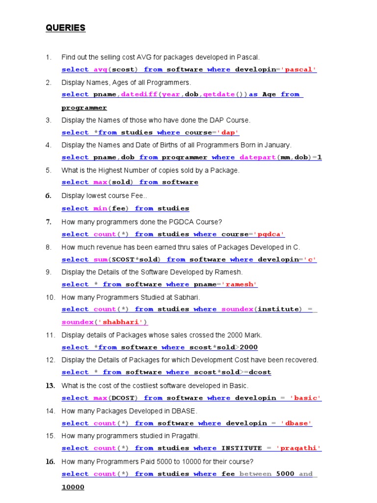 Queries | PDF | Programmer | Areas Of Computer Science Queries | PDF | Programmer | Areas Of Computer Science