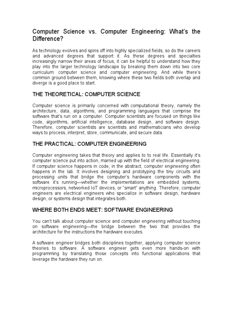Computer Science Vs Computer Engineering | PDF