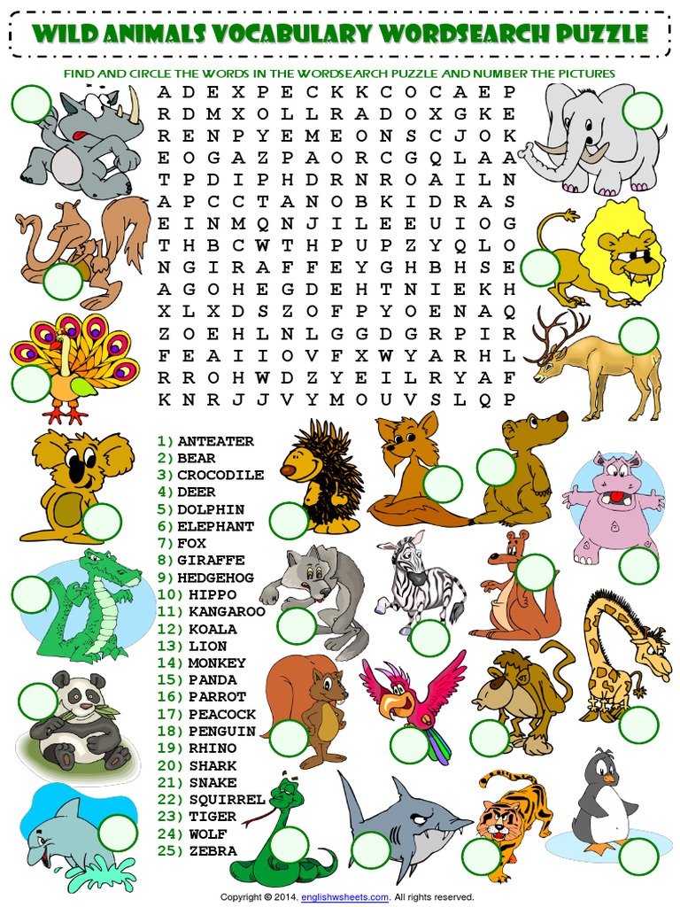 Wild Animals Vocabulary Esl Wordsearch Puzzle Worksheet | PDF | Word Search