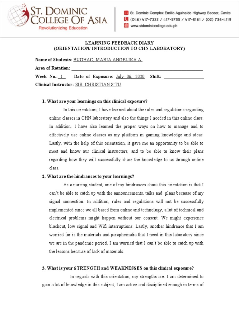 LEARNING FEEDBACK DIARY FOR NURSING STUDENT CLINICAL EXPOSURES | PDF ...