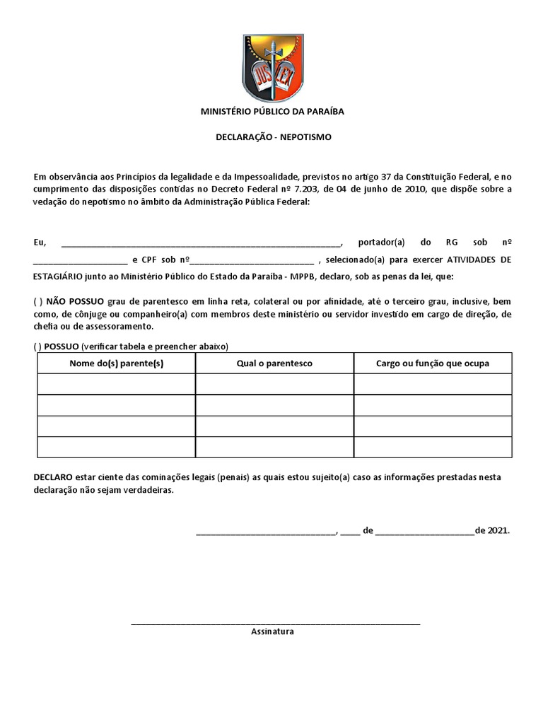 Modelo Declaração de Nepotismo MPPB | PDF