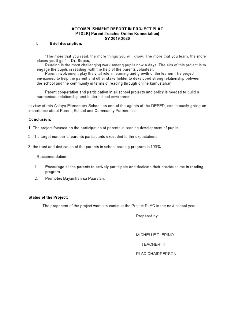 Accomplishment Report in Project Plac | PDF