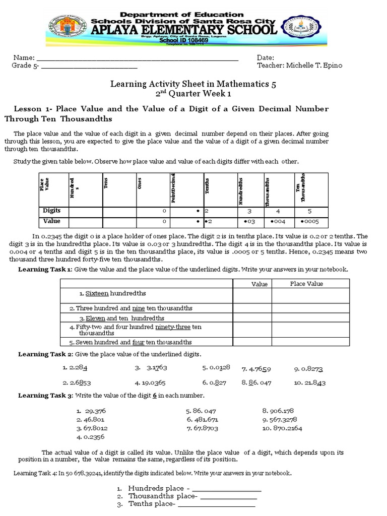 Learning Activity Sheet in Mathematics 5 2 Quarter Week 1 | PDF ...