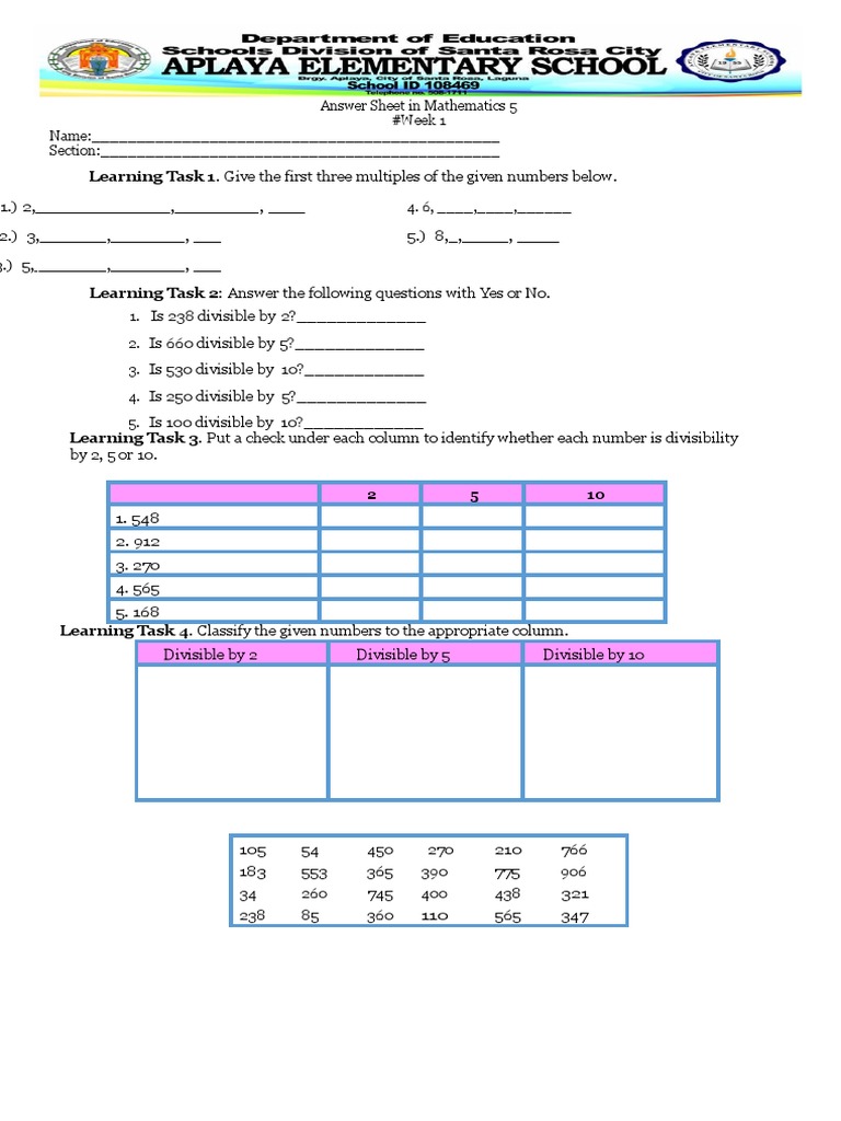 Answer Sheet in Mathematics 5 | PDF | Odds | Multiplication