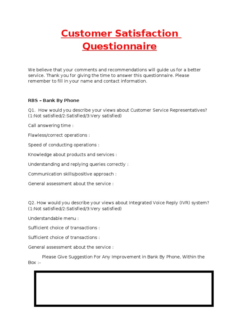Customer Satisfaction Questionnaire | PDF
