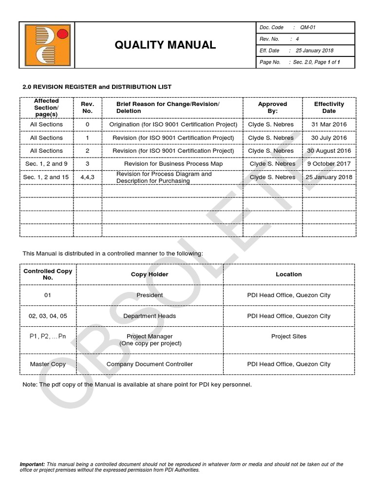 PDI Quality Manual Rev 4 - 2.0 Revision Register and Distribution List | PDF | Computing