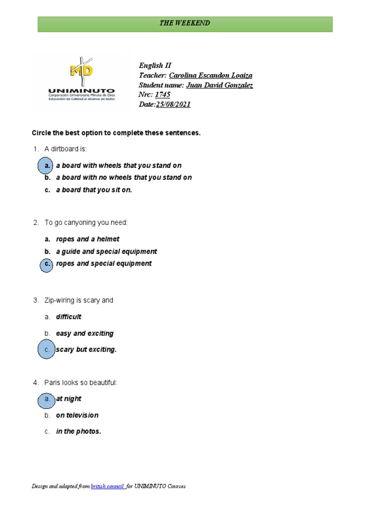 ACT 2. Listening Activity The Weekend | PDF
