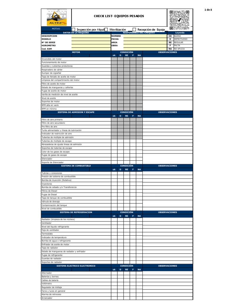 Check List Verificacion Equipo Pesado | PDF | Inyección de combustible ...