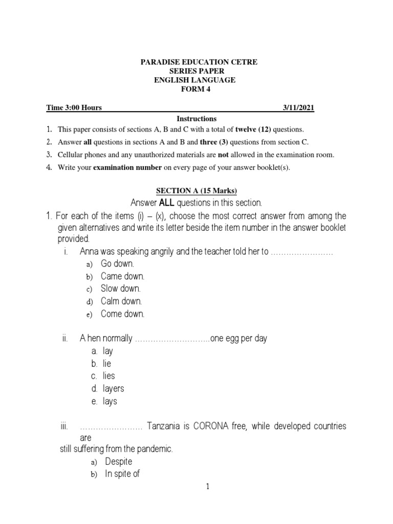 Form 4 English Language Exam Paper | PDF
