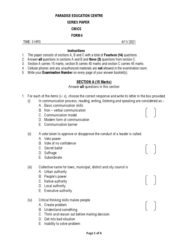 Civics Form Four Examination Paper 2021 | PDF | Communication | Tanzania