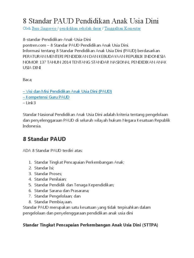 8 Standar PAUD Berdasarkan Permendikbud 137/2014 | PDF | Karier & Perkembangan | Kesehatan Holistik