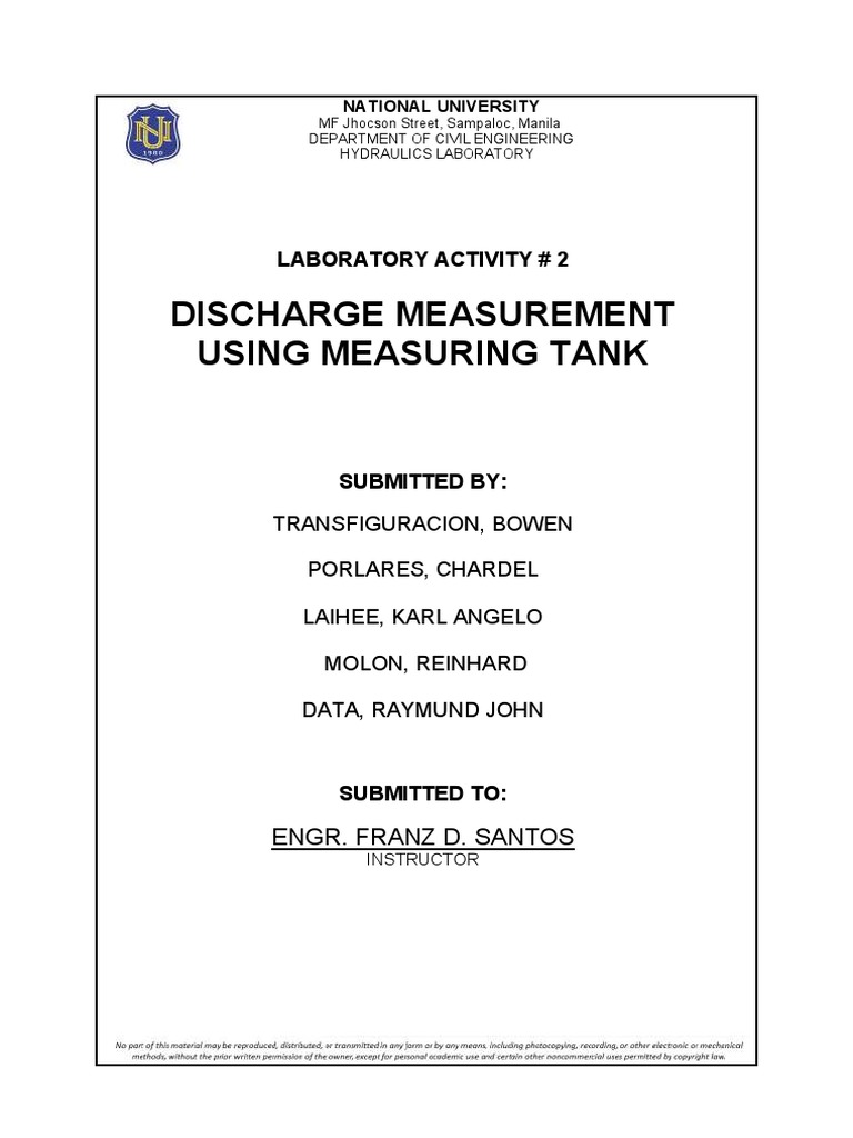Laboratory Activity 2 Discharge Measurment Using Measuring Tank | PDF ...