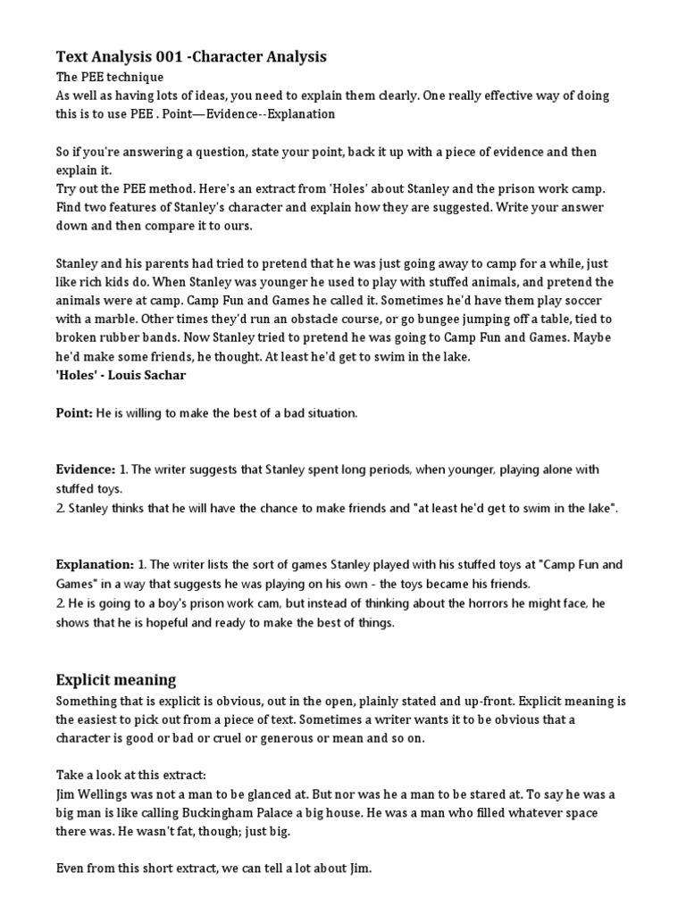 PEE Method for Analyzing 'Holes' Characters | PDF | Mystery, Thriller ...