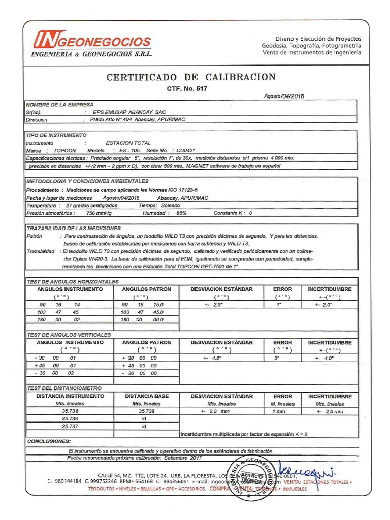 Certificado de Calibracion Equipo Topografico | PDF