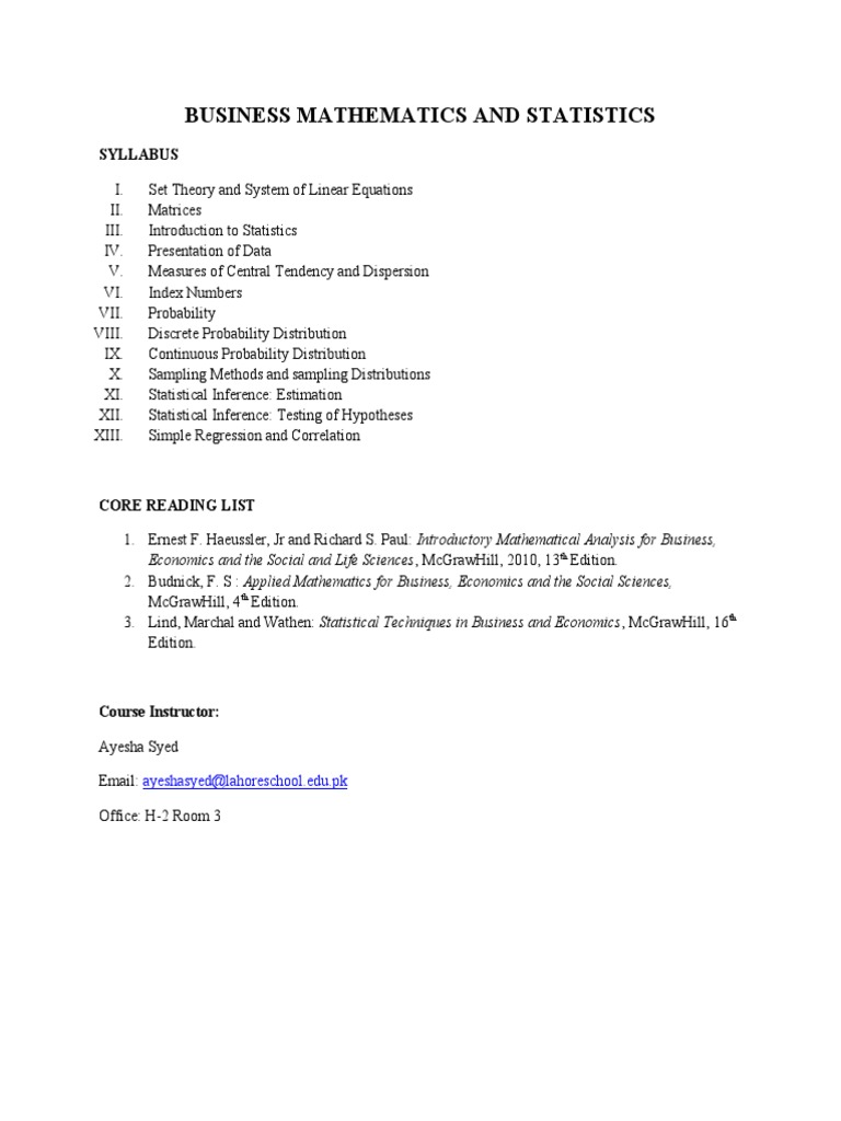 Business Mathematics and Statistics: Syllabus | PDF | Statistics | Mean