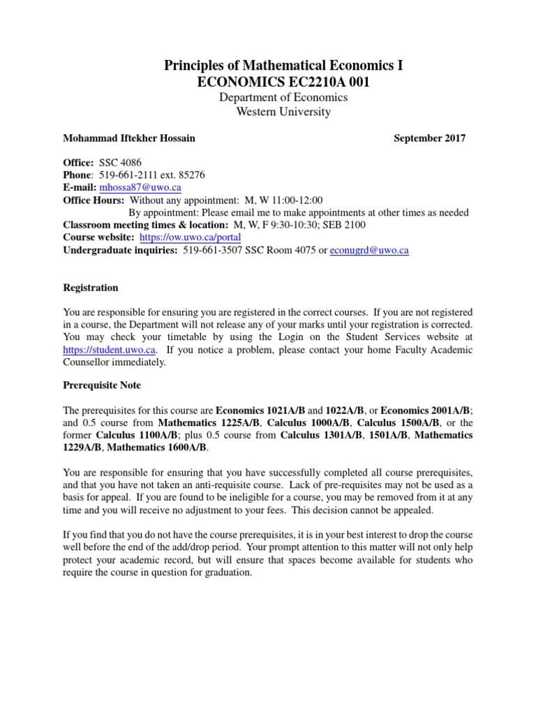 Principles of Mathematical Economics I ECONOMICS EC2210A 001 | PDF ...