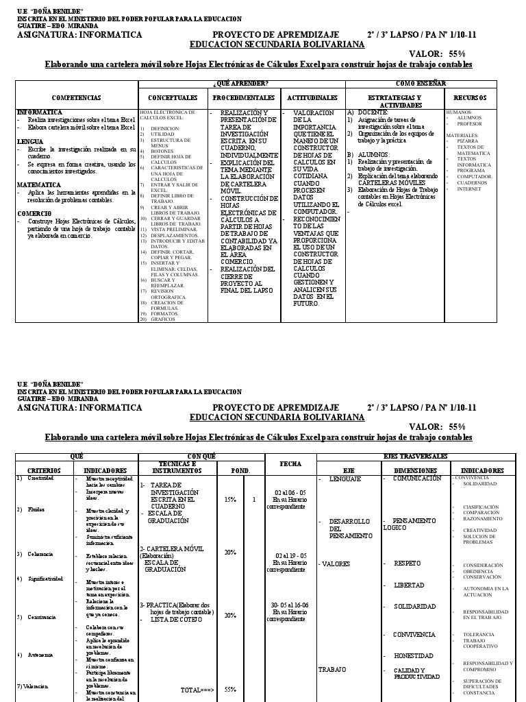 Plan de Evaluacion #1 - 2° Año 3° Lapso | PDF | Microsoft Excel | Educación Secundaria