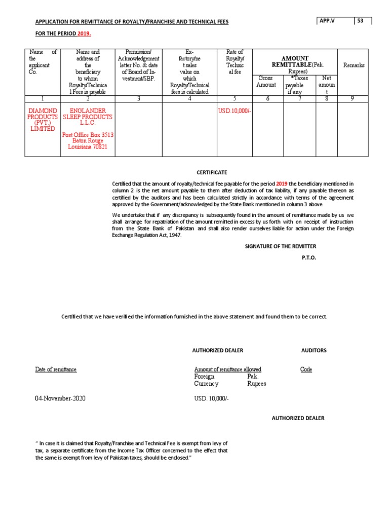 Application For Remittance of Royalty Fee (App-V53) | PDF | Royalty ...