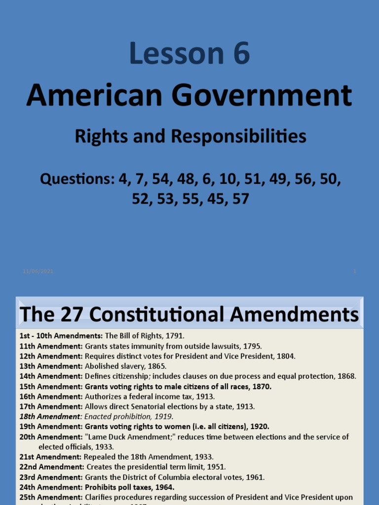 Lesson 6 American Government - Rights and Responsibilities | PDF ...