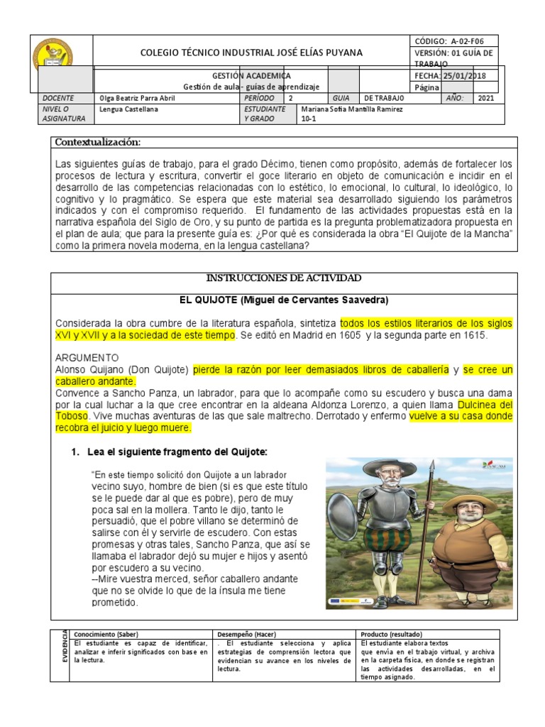 Evaluacion Español Don Quijote | PDF | Don Quijote