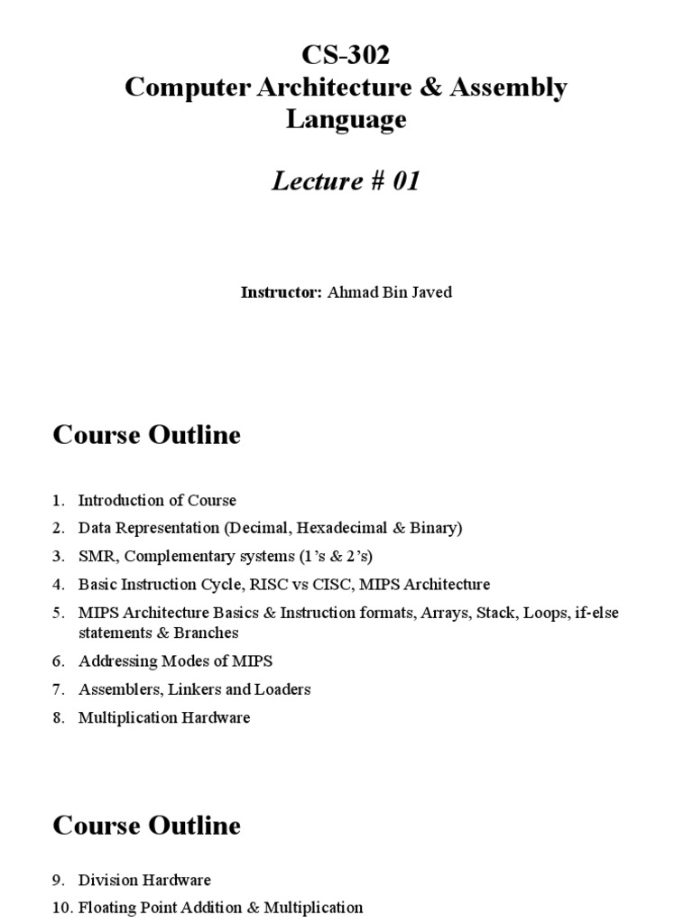 CS-302 Computer Architecture & Assembly Language: Lecture # 01 | Download Free PDF | Assembly ...