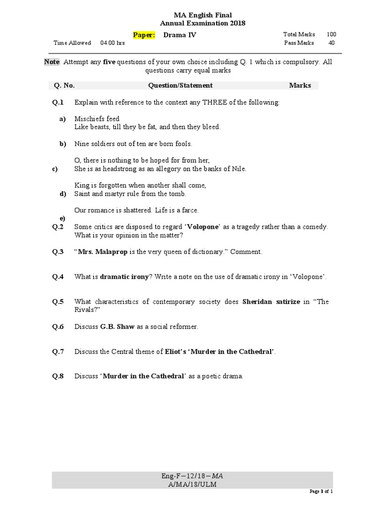 MA English Drama IV Exam Questions | PDF | General Fiction