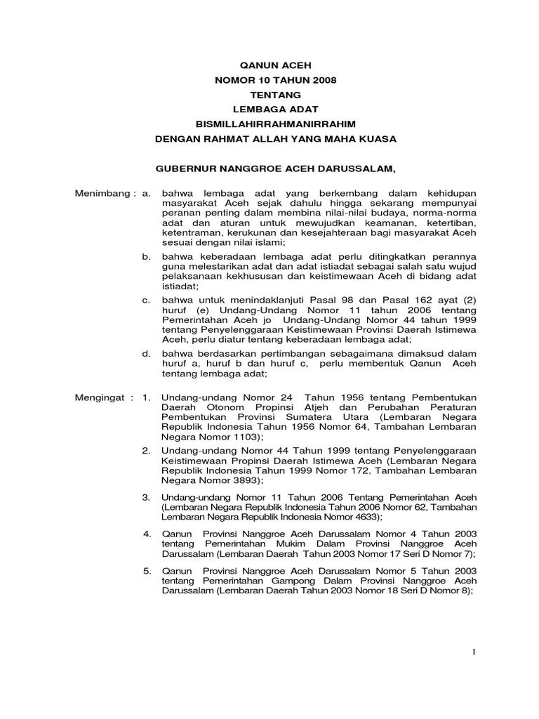 Qanun Aceh Nomor 10 Tahun 2008 Tentang Lembaga Adat | PDF | Politik