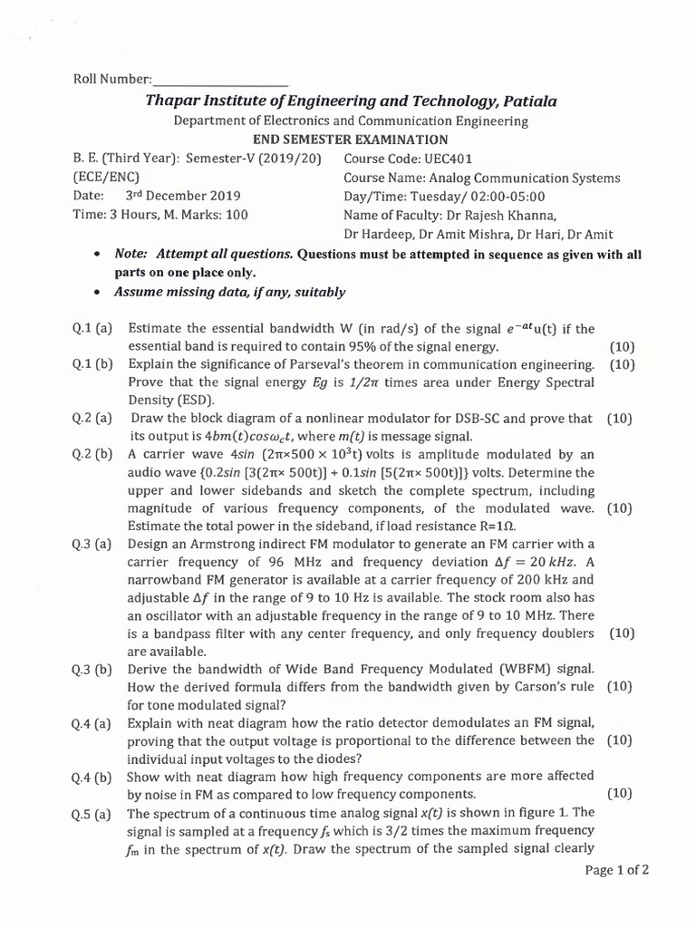 Thapar Institute of Engineering and Technology, Patiala | PDF | Frequency Modulation | Spectral ...