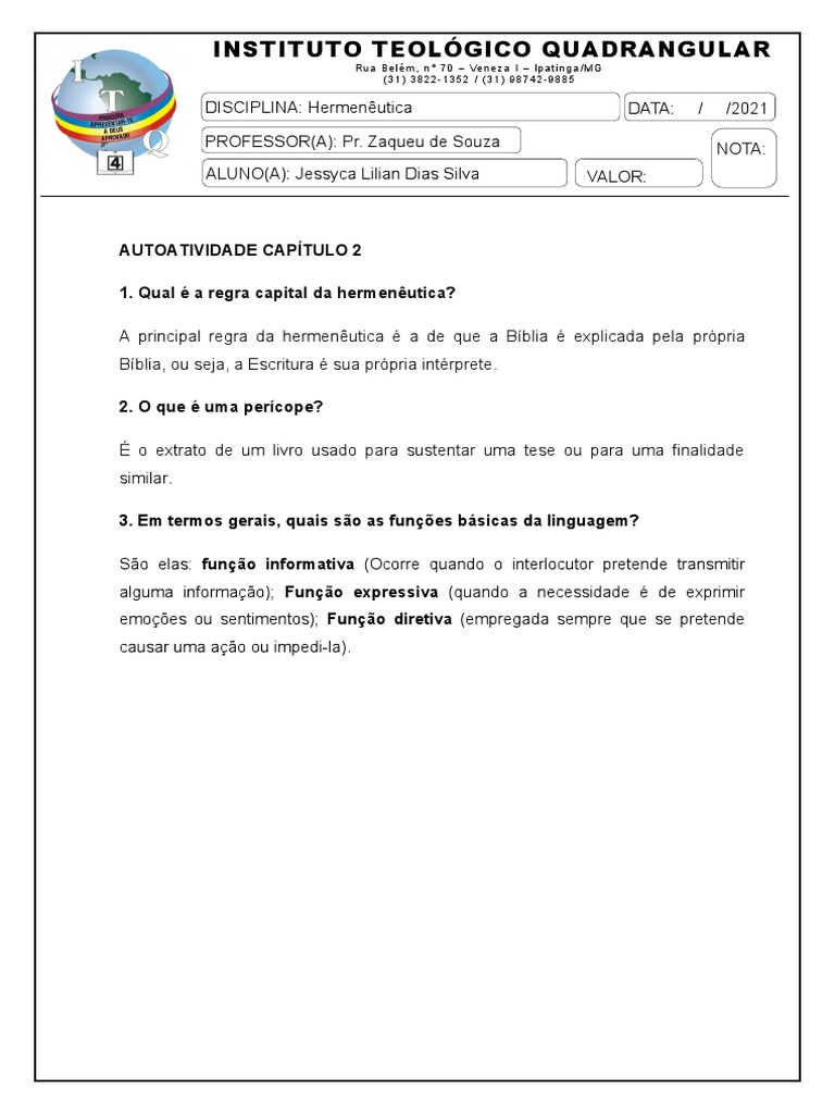 Autoatividade Capítulo 02 - Hermenêutica | PDF