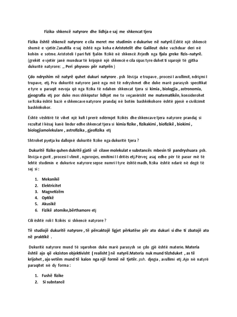 Fizika Dhe Shkencat Tjera Natyrore (Repaired) | PDF