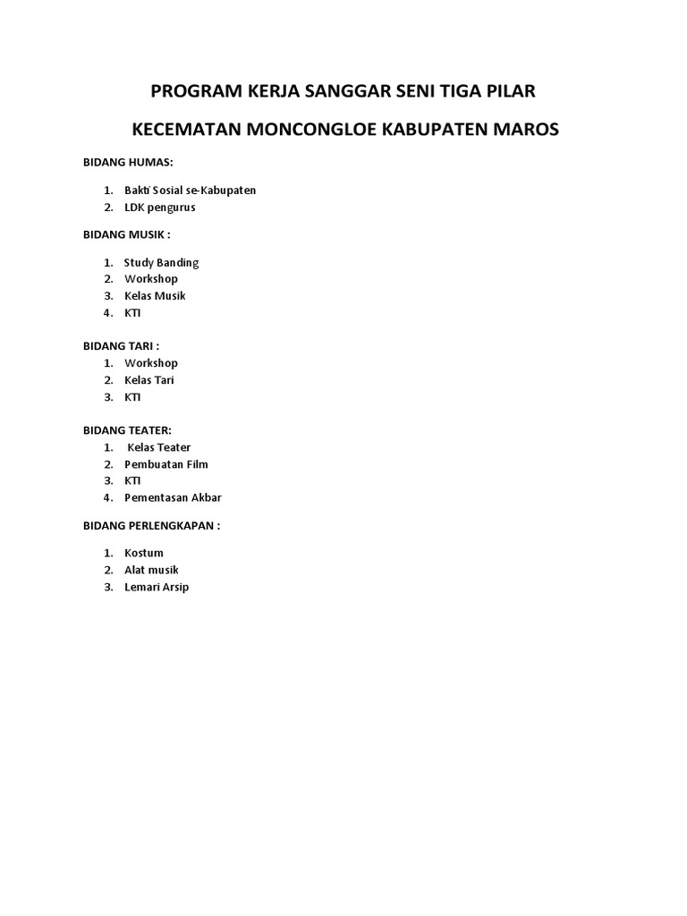 Program Kerja Sanggar Seni Tiga Pilar | PDF | Seni