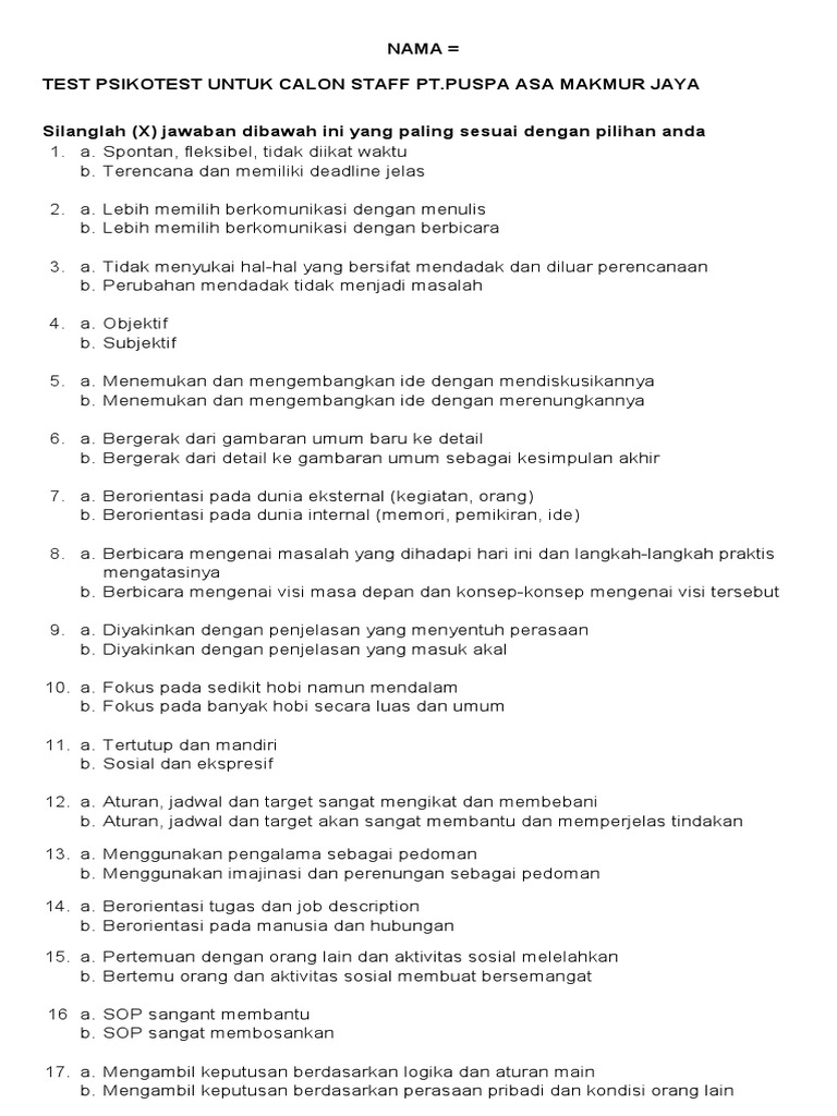 Test Psikotest Untuk Calon Staff PT - Puspa Asa Makmur Jaya | PDF