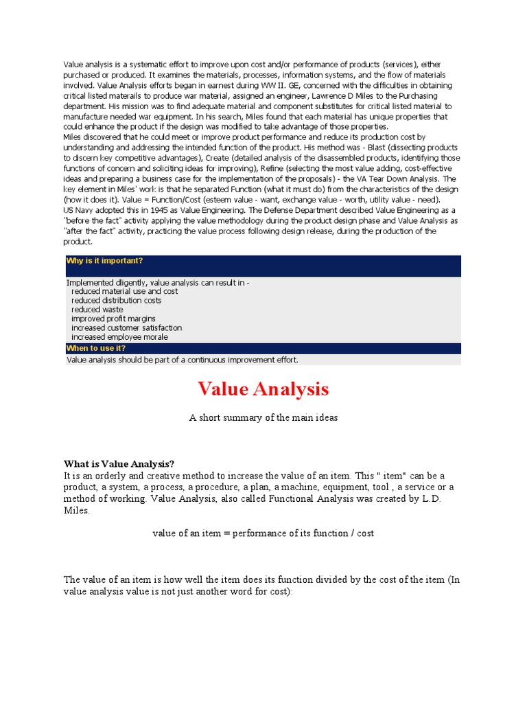 Value Analysis: Improving Cost and Performance | PDF | Intelligence ...