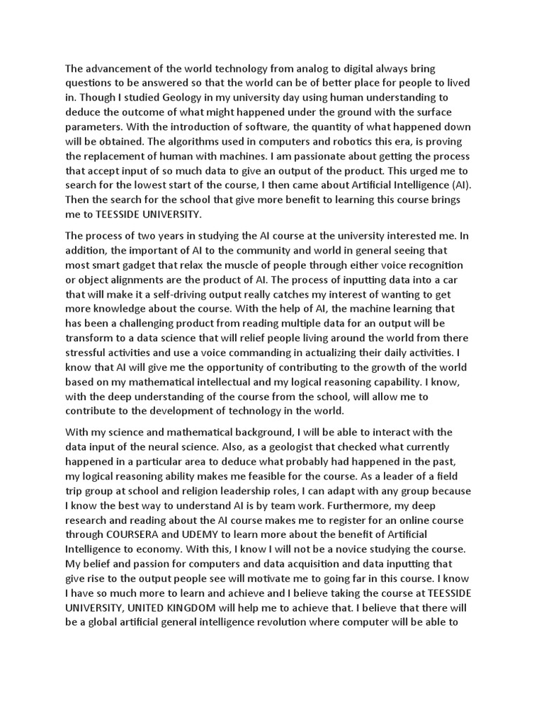 AI Personal Statement | PDF | Artificial Intelligence | Intelligence ...
