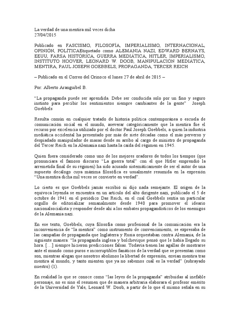 Alberto Aranguibel - La Verdad de Una Mentira Mil Veces Dicha | PDF ...