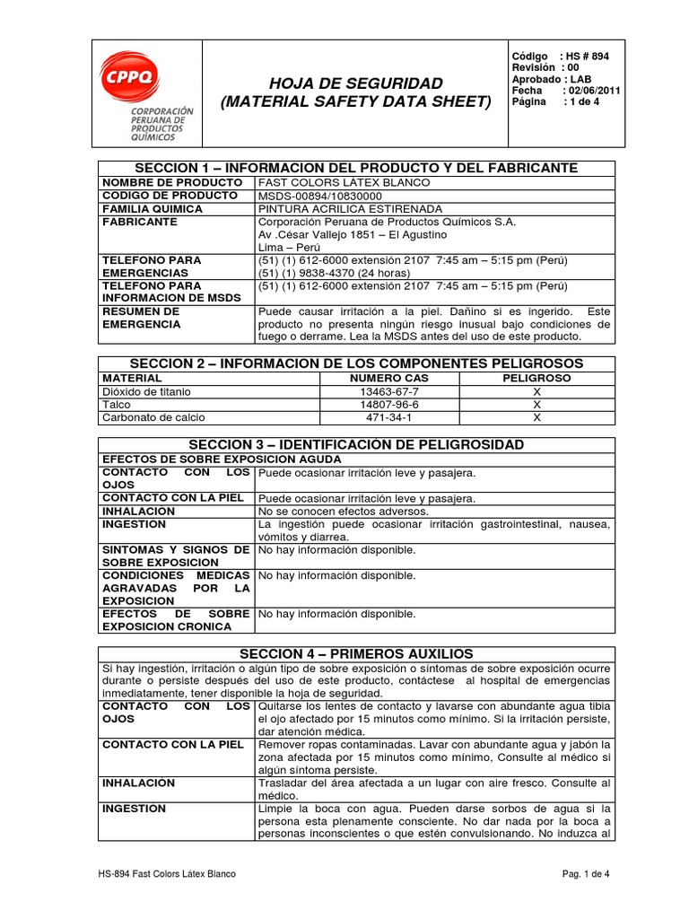 HOJA DE SEGURIDAD Fast-Colors-Látex-Blanco | PDF | Agua | Química