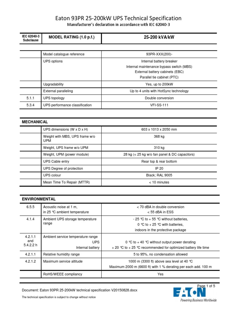 Eaton 93PR 25-200 KW Technical Specification | PDF | Rectifier | Mains ...