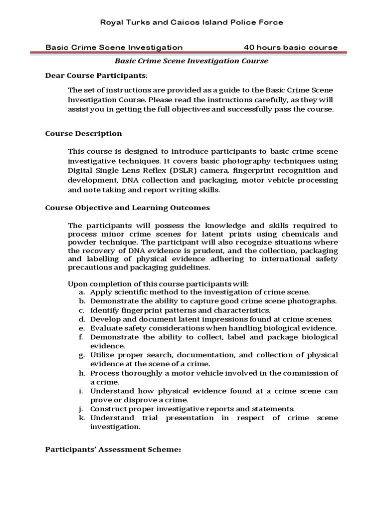 Basic Crime Scene Investigation Course Outline | PDF | Crime Scene ...